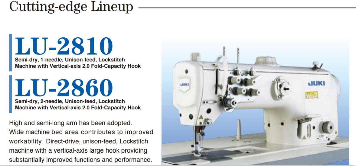 JUKI LU-2860 TWO NEEDLE, UNISON-FEED, LOCKSTITCH MACHINE WITH VERTICAL ...